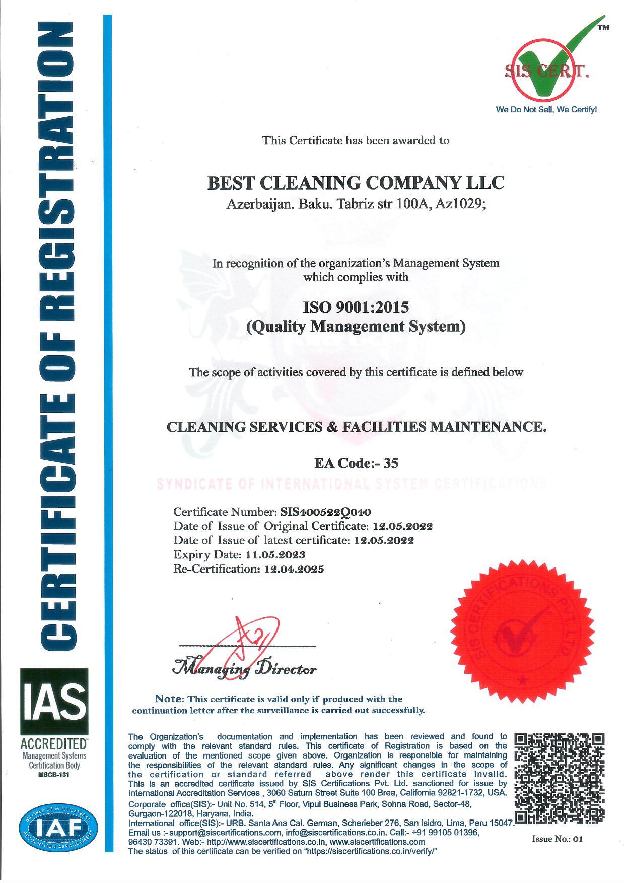 Certificates - BestCleaning təmizlik xidməti